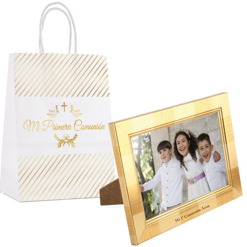 Moldura Dourada Com Saco De Papel Para Presente De Comunhão E Adesivo ...